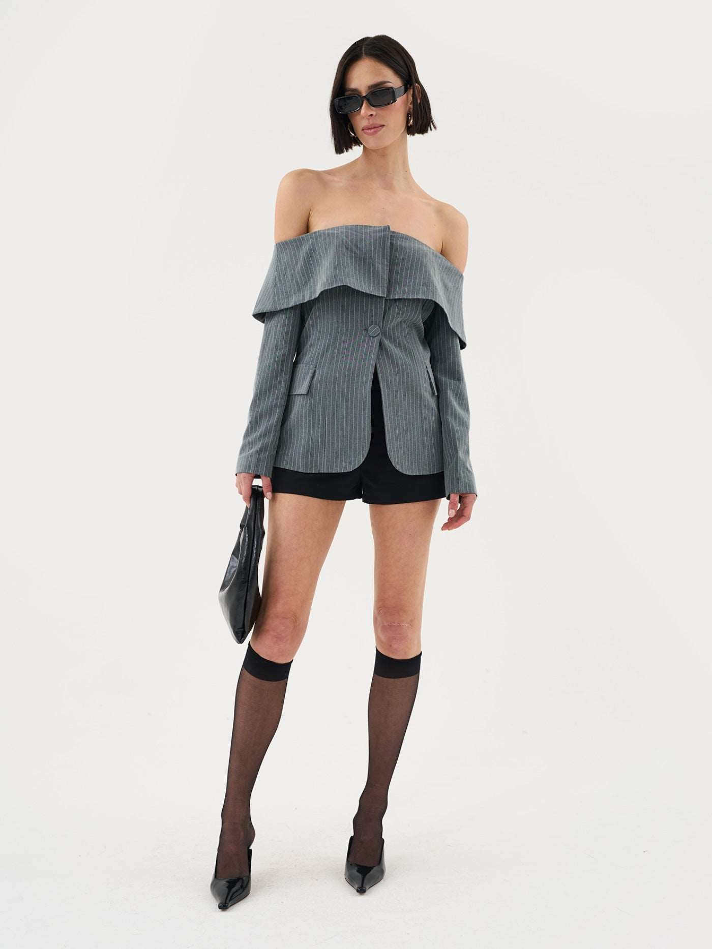 Corset Bandeau Blazer Top In Grey Pinstripe – Extro&Vert